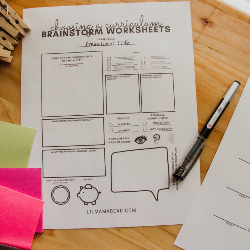 Choosing a Curriculum | Brainstorm Worksheets – Lil Mama Bear Blog